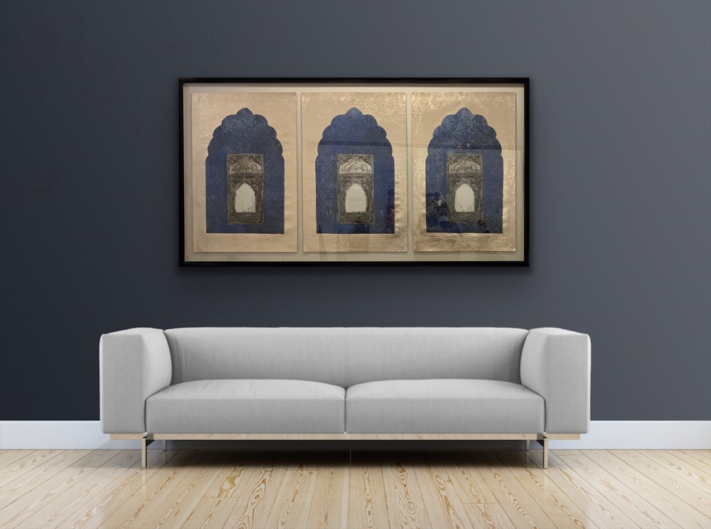 Jali Window Triptych ( deep blue with mushroom leaf) - Natasha Kumar ...